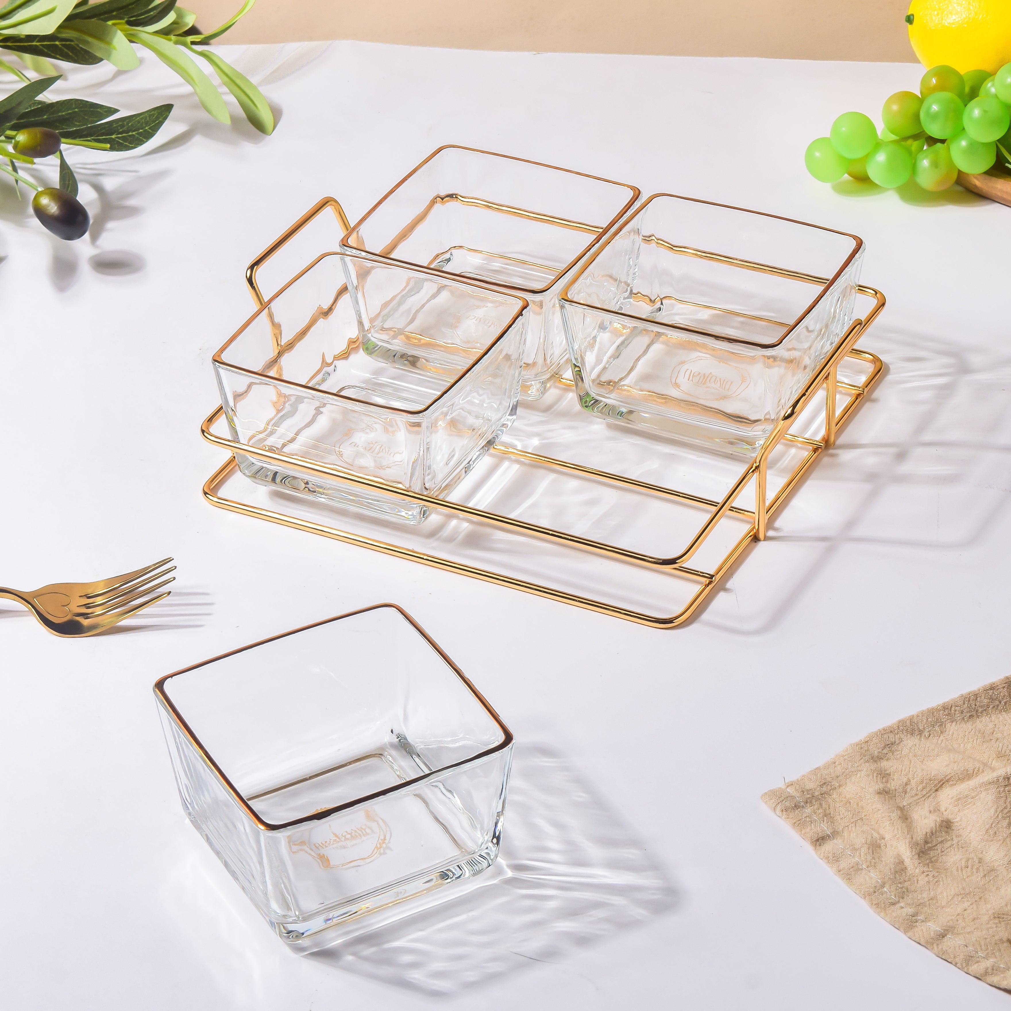 Gold Rim Crystal Bowls Tray Set Of 5 200ml