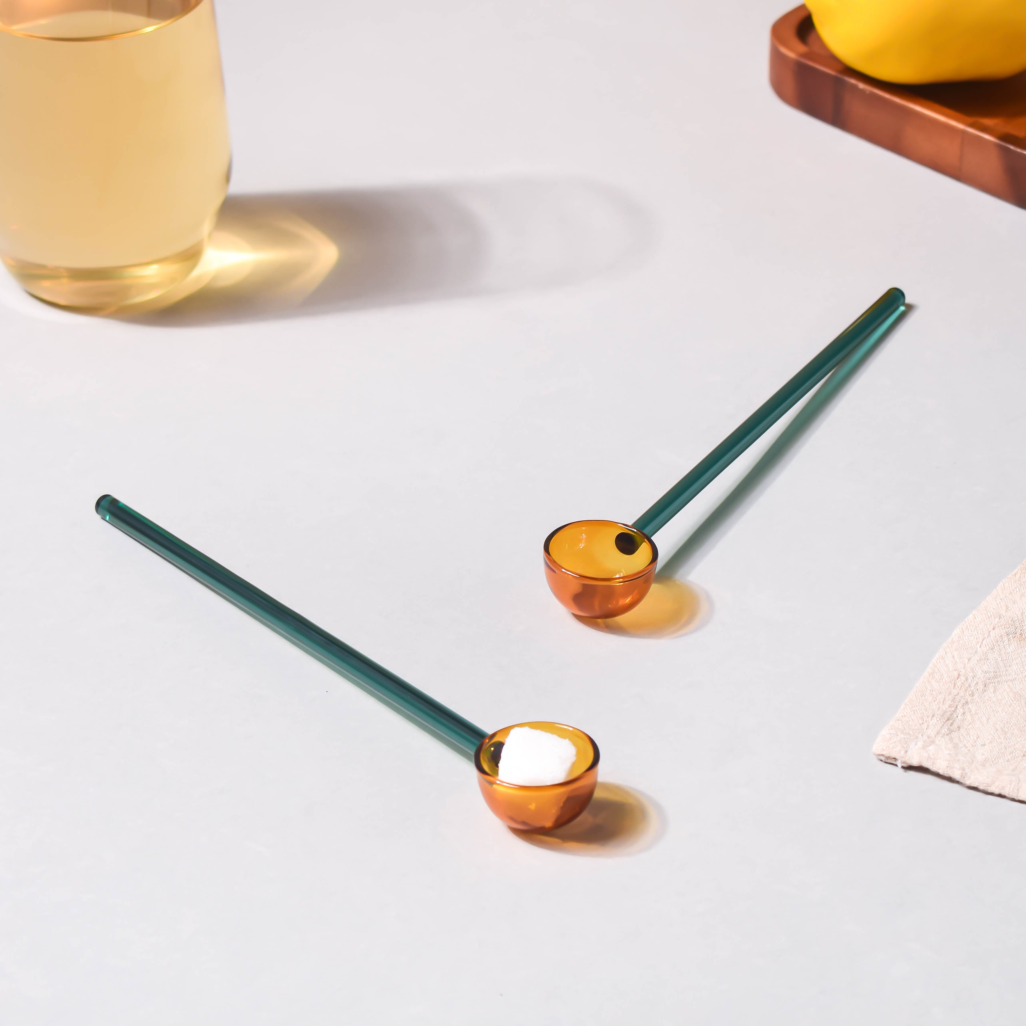 Small Glass Scoop Spoon Set of 2 Green Online - Premium Stirrer | Nestasia