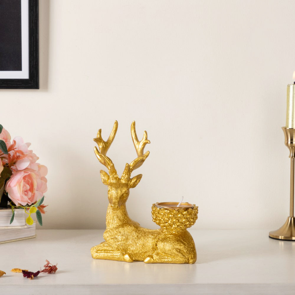 Reindeer Showpiece With Candle Stand Gold 7 Inch Set Of 2