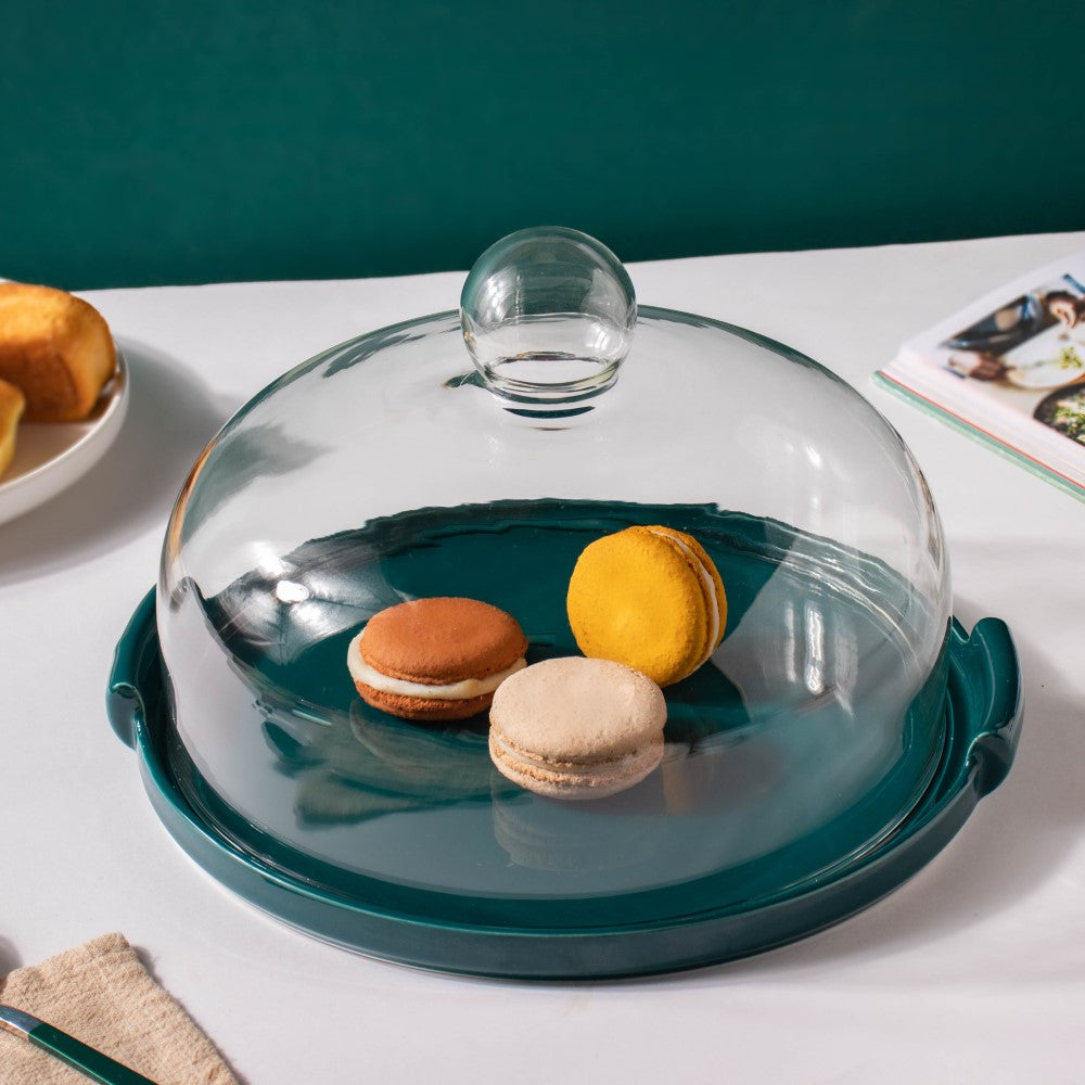 Cake Plate With Cover Green 10 Inch
