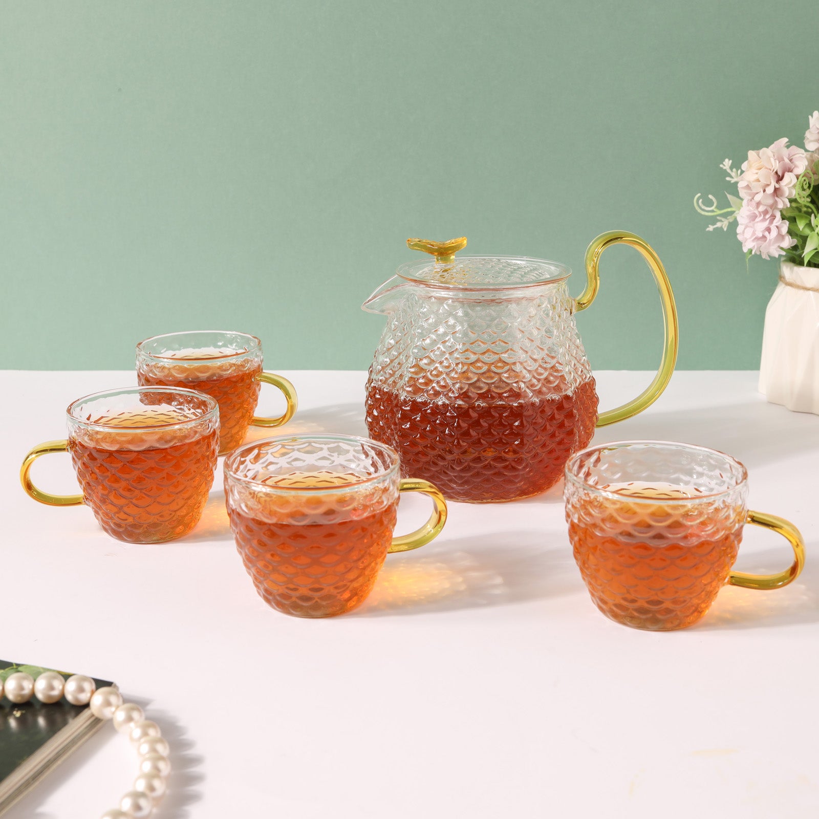 Stylish Glass Tea Set of 5 Online - Premium Tea Set | Nestasia