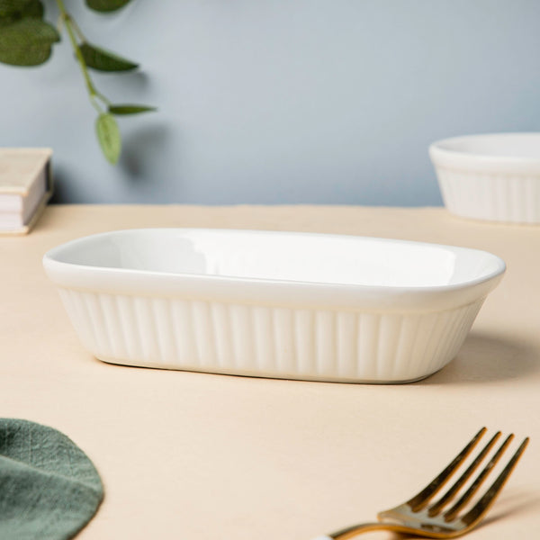 Classic Rectangle Ribbed Ceramic Baking Dish White 300 ml