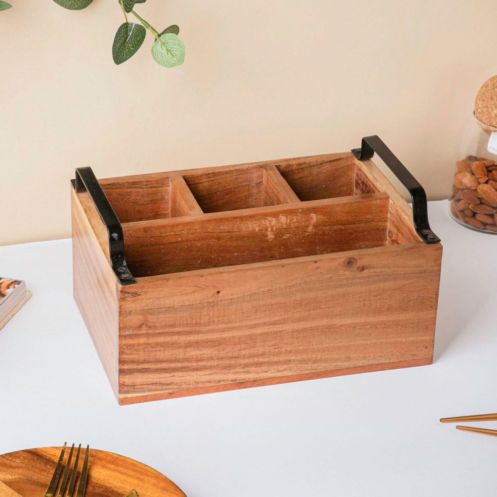 Acacia Caddy With Handle 10 Inch Online - Premium Cutlery Holder | Nestasia