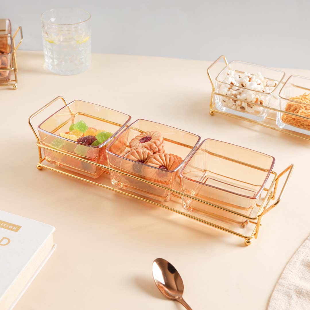 Rectangle Tray with Glass Bowls Set of 3