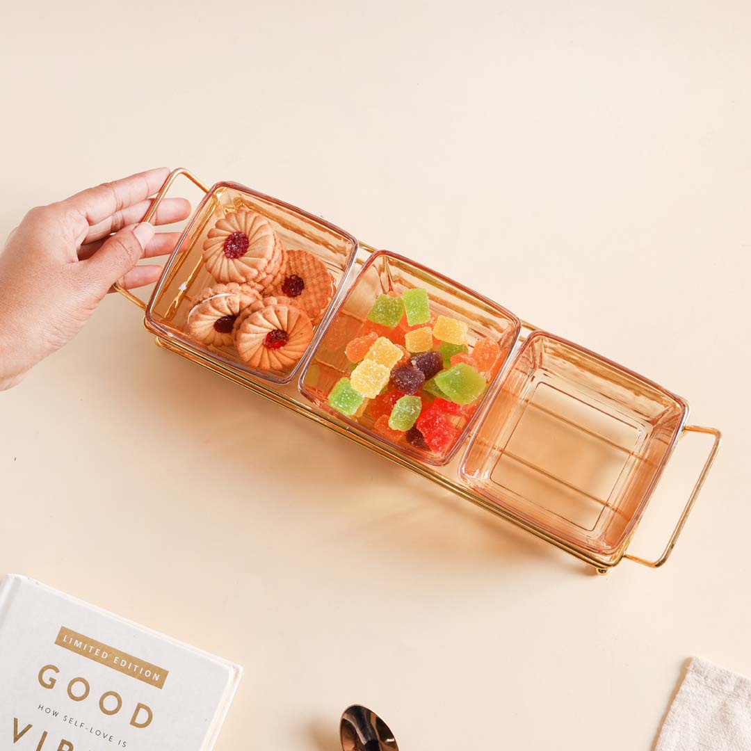 Rectangle Tray with Glass Bowls Set of 3