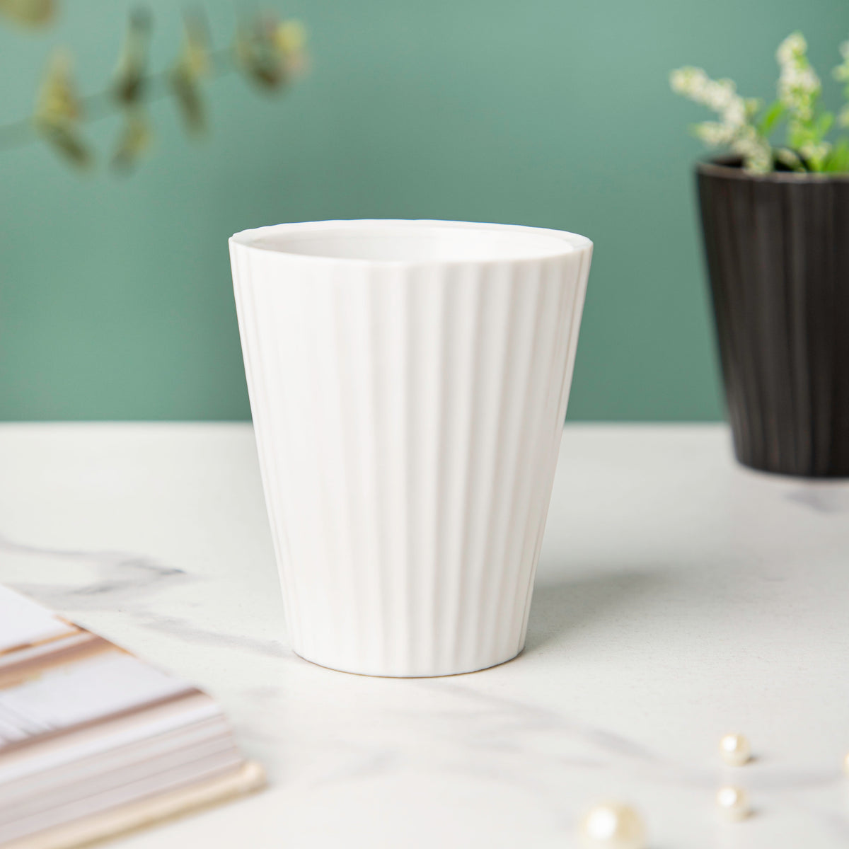 Nordic White Ribbed Ceramic Planter