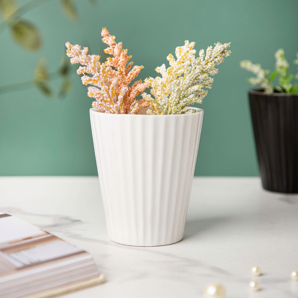 Nordic White Ribbed Ceramic Planter