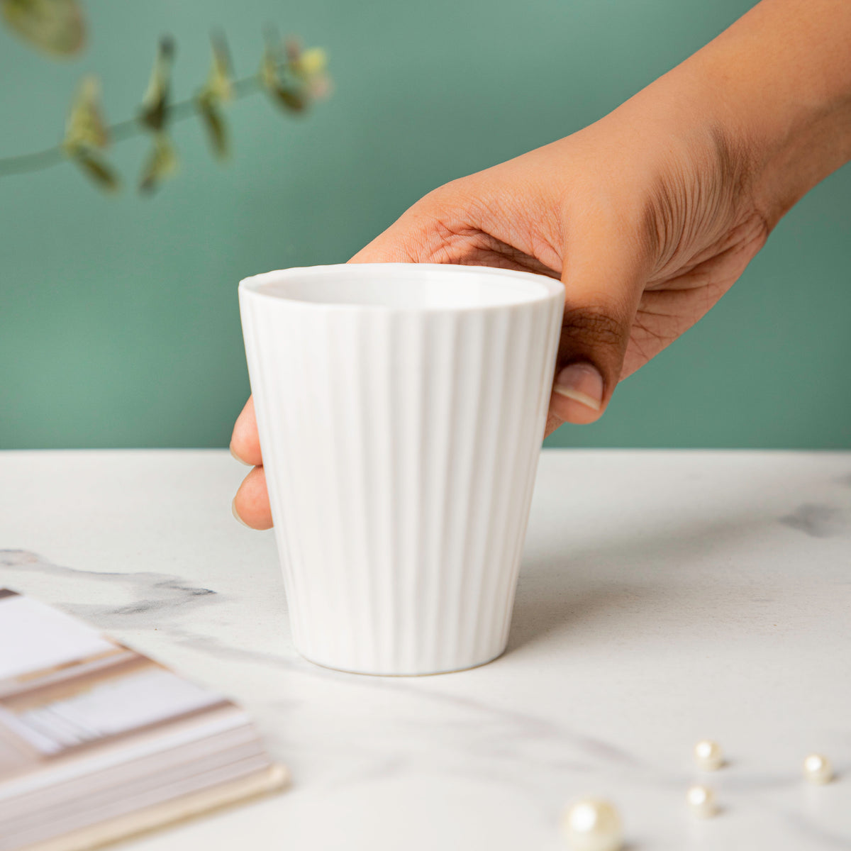 Nordic White Ribbed Ceramic Planter