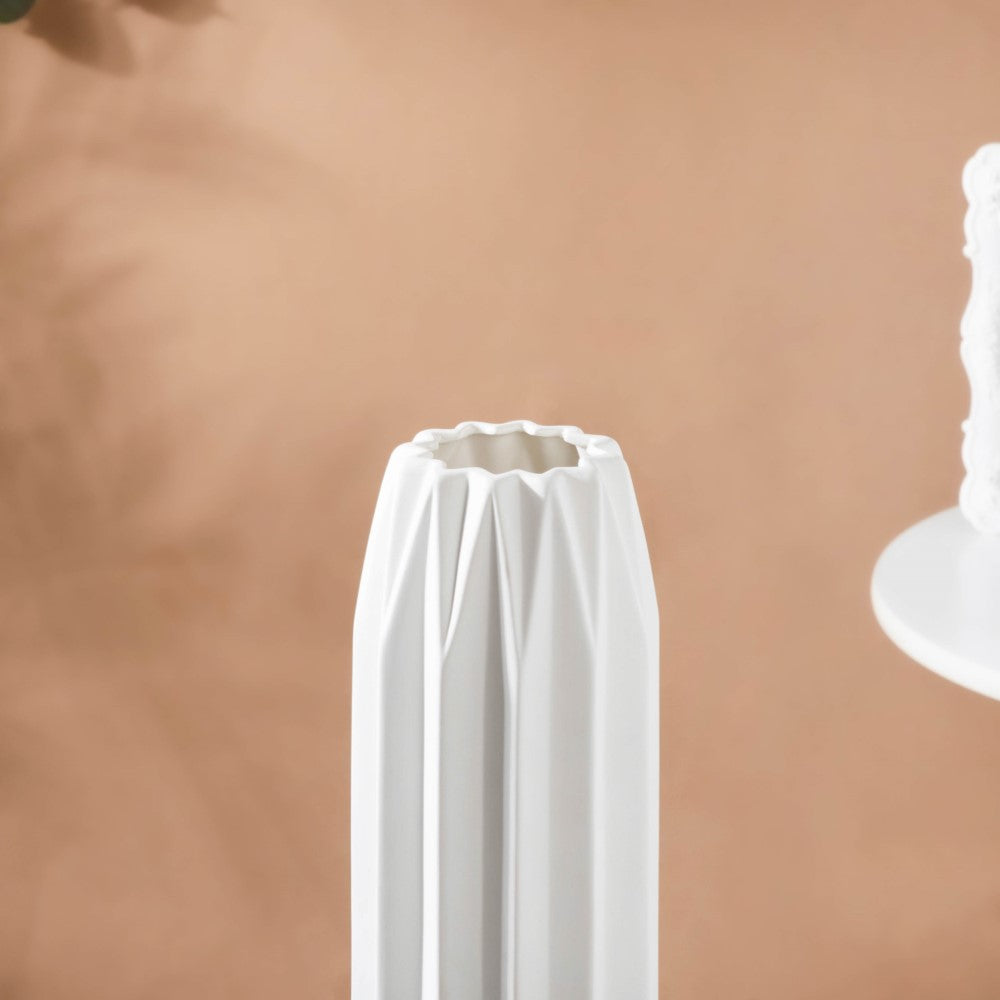 Geometric Textured Ceramic Vase White Tall