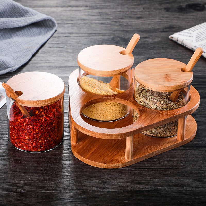 Glass and Wood Storage Jar Set of 3