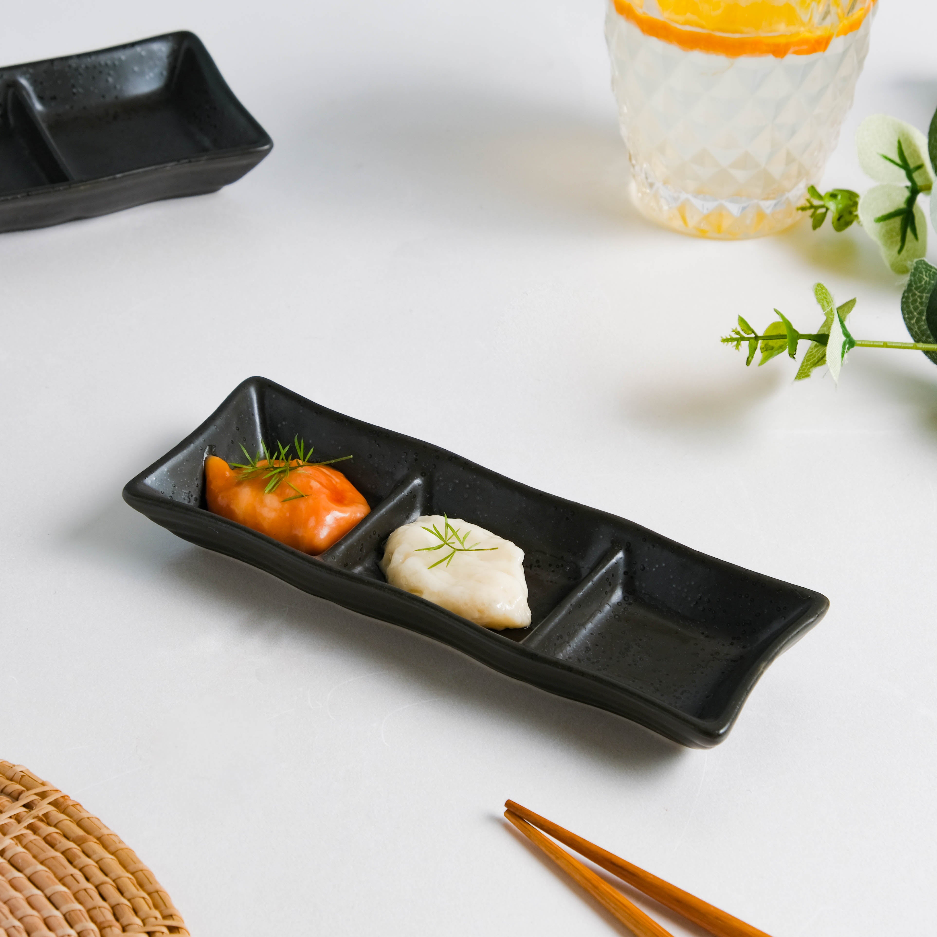 Ebony Black 3 Section Dip Plate Online - Premium Dip Bowl | Nestasia