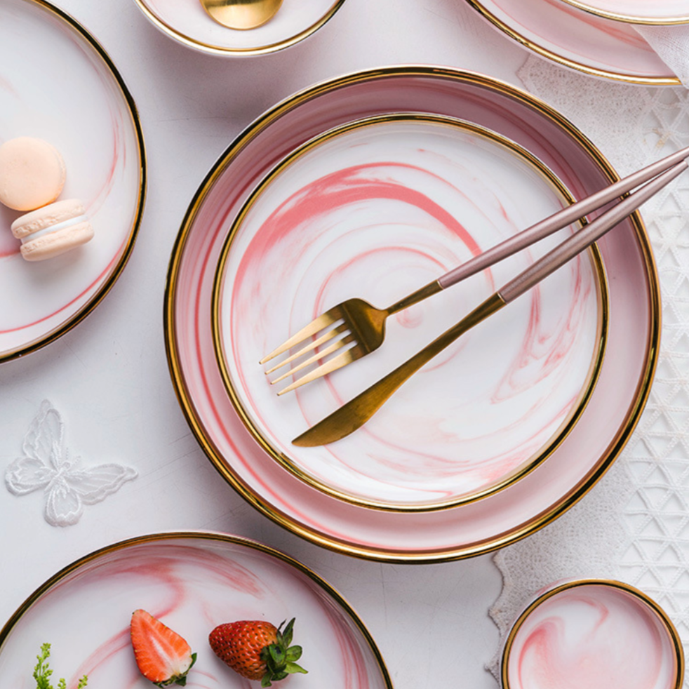 Pink Marble Ceramic Plate Online - Pink Ceramic Dinner Plate | Nestasia