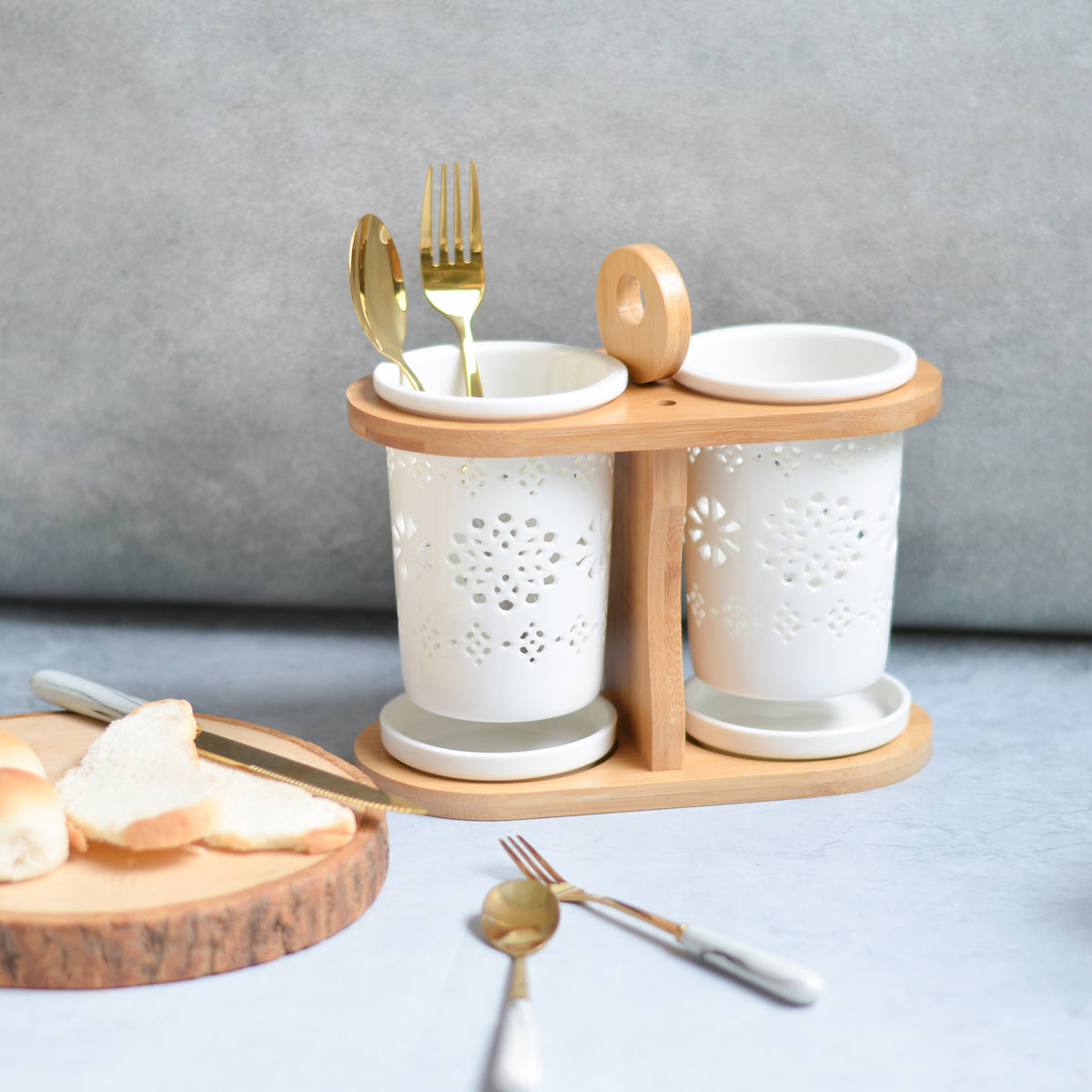 Cutlery Stand | Fork and Spoon Stand | Ceramic and Wood