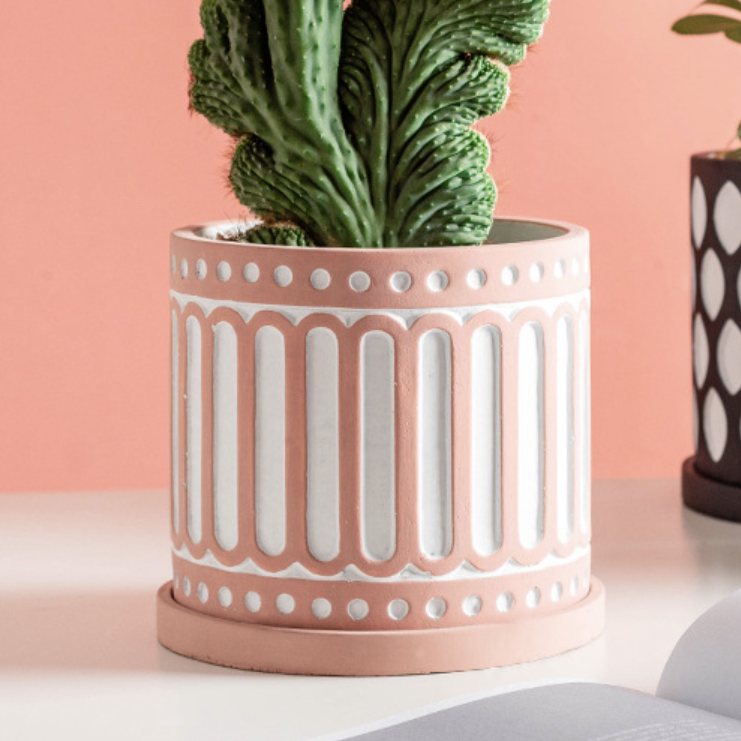 Sculpted Ceramic Pot With Plate Online - Premium Planter | Nestasia