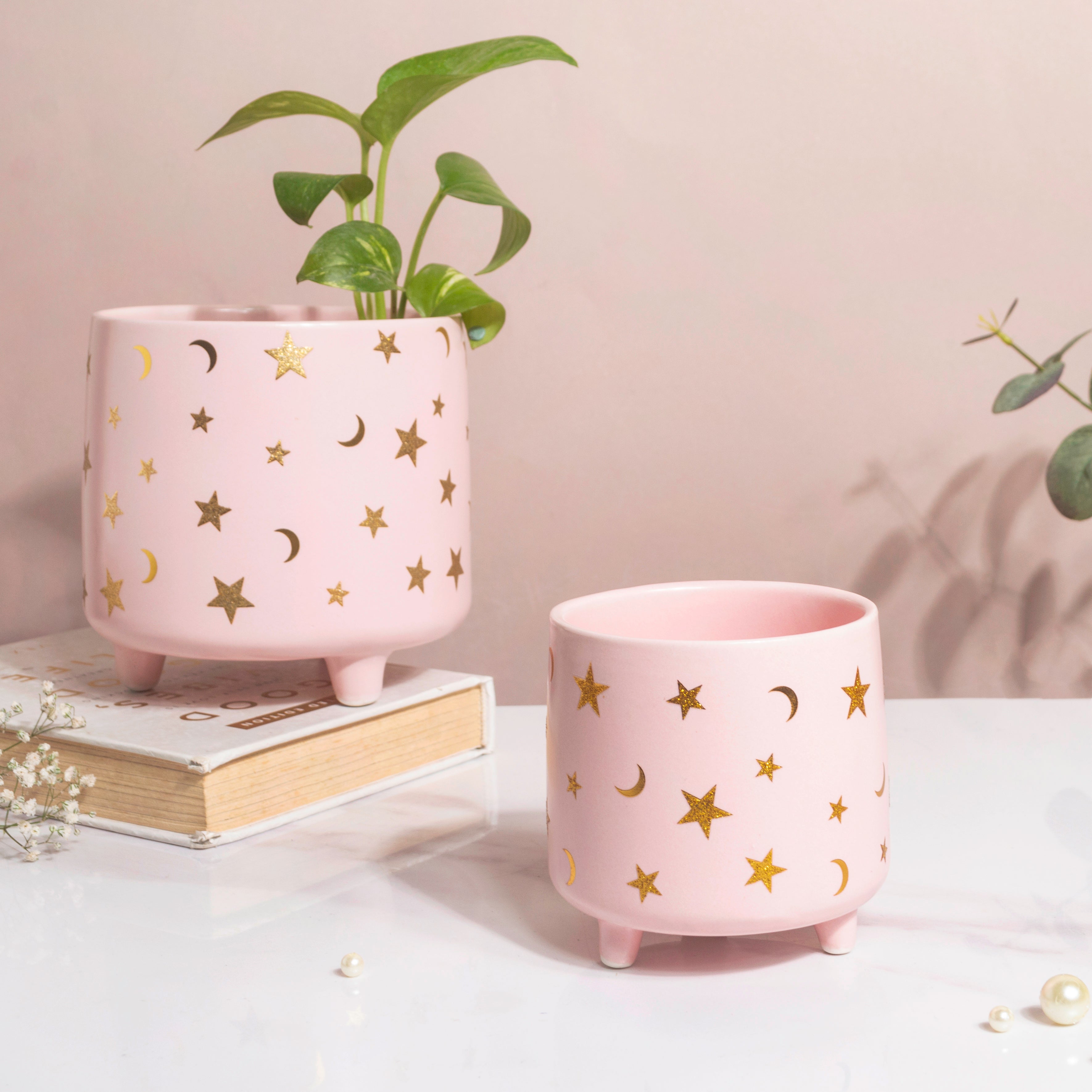 Stars and Moons Pink Ceramic Planter Large